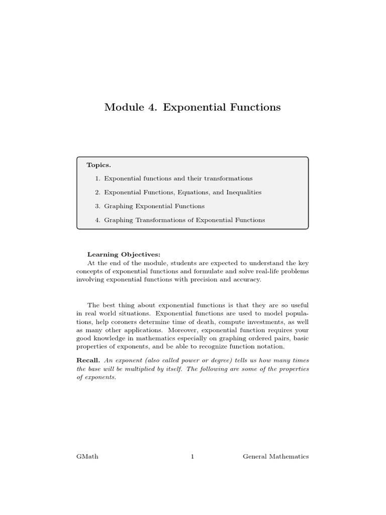 GenMath Module 4 | PDF | Exponential Function | Function (Mathematics) GenMath Module 4 | PDF | Exponential Function | Function (Mathematics)
