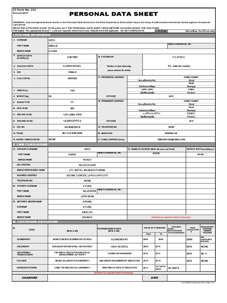CS Form No. 212 Revised Personal Data Sheet - New | PDF