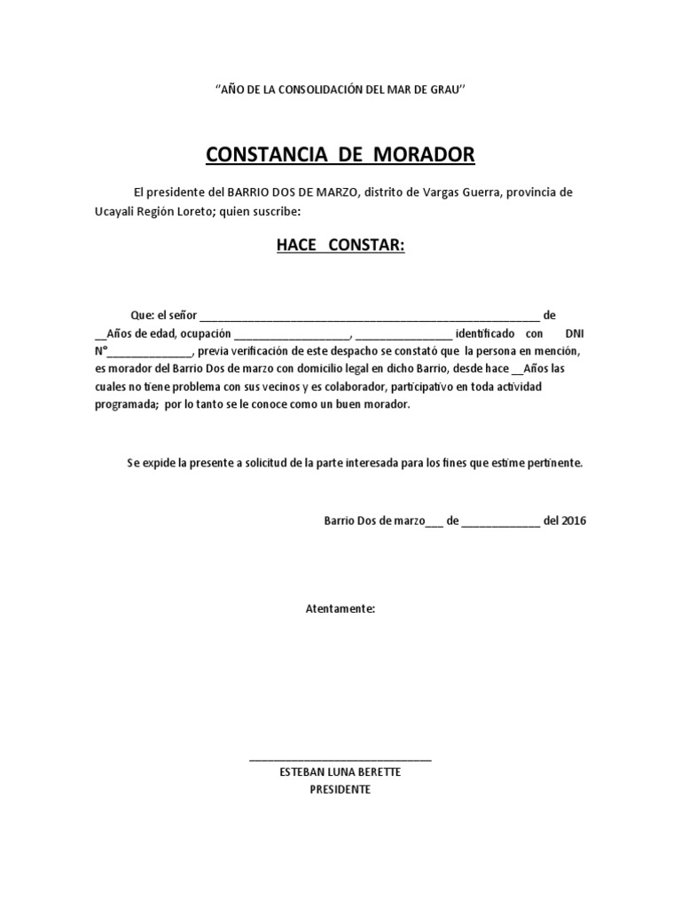 Constancia de Morador Barrio Dos de Marzo | PDF