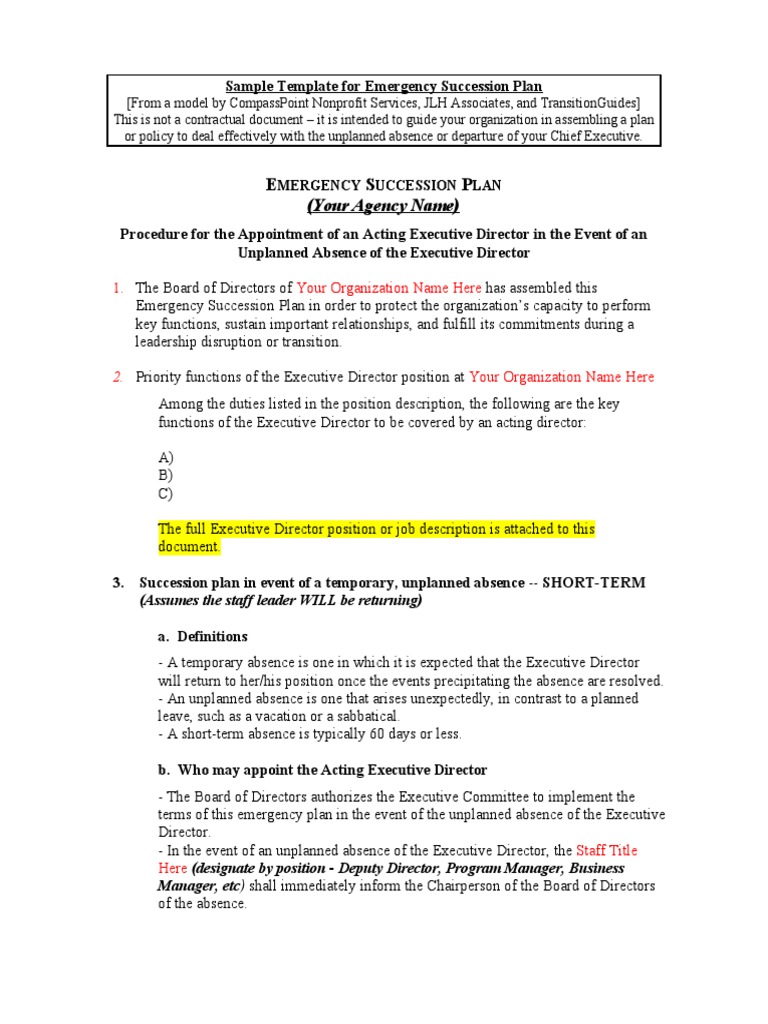Emergency Succession Template Draft | PDF | Board Of Directors | Leadership