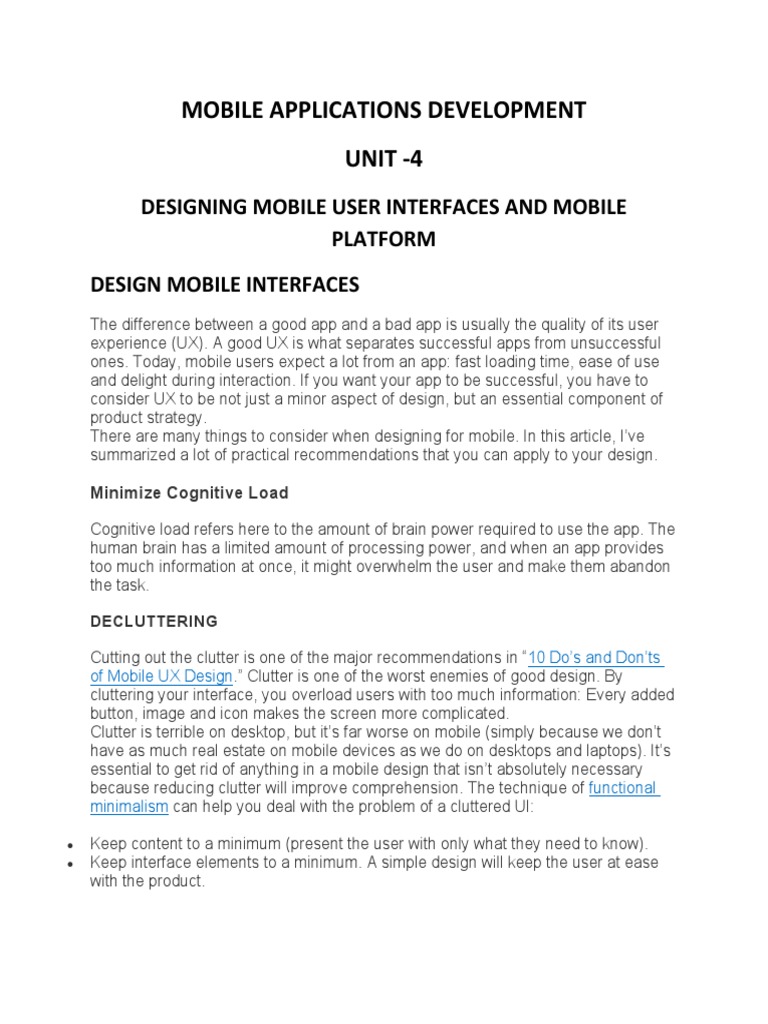Mobile Applications Development Unit - 4: Designing Mobile User Interfaces and Mobile Platform ...