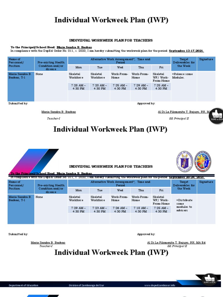 Individual Workweek Plan For Teachers | PDF