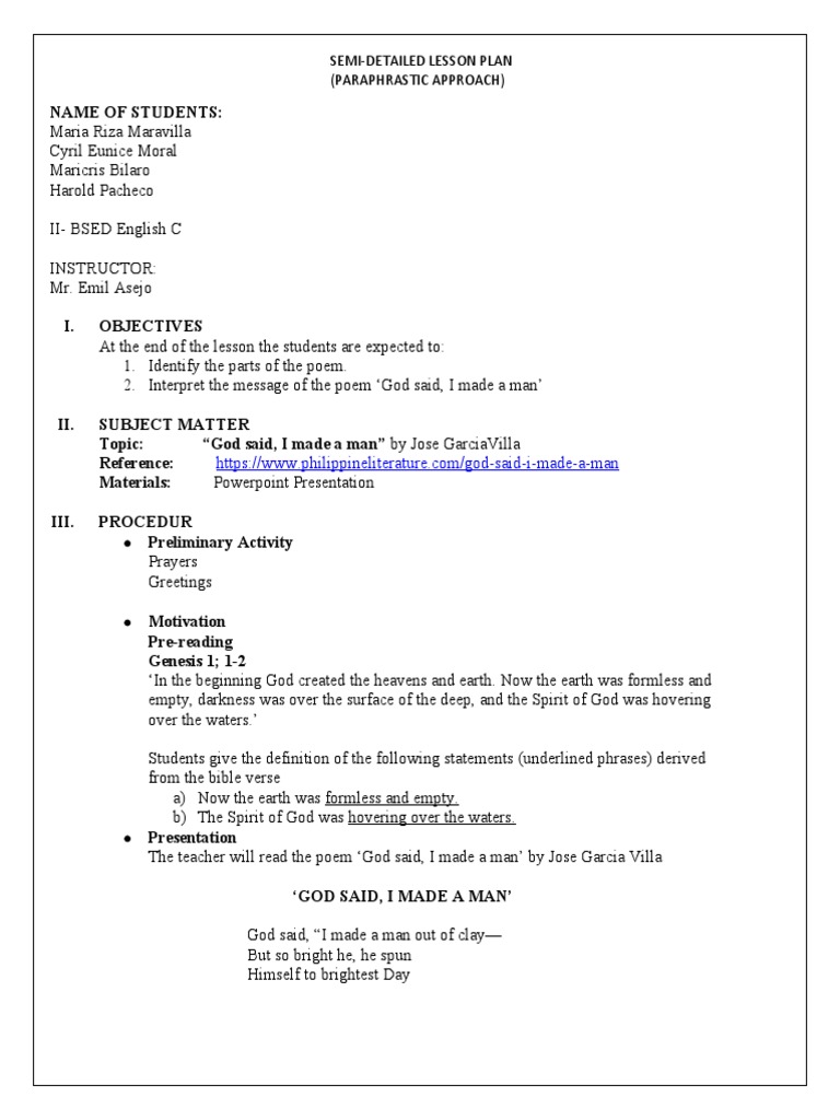 Name of Students:: Semi-Detailed Lesson Plan (Paraphrastic Approach) | PDF