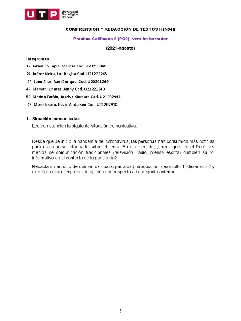 S15. s2 y S16. s1 - Práctica Calificada 2 (PC2) - Versión Borrador - Formato | PDF | Comunicación