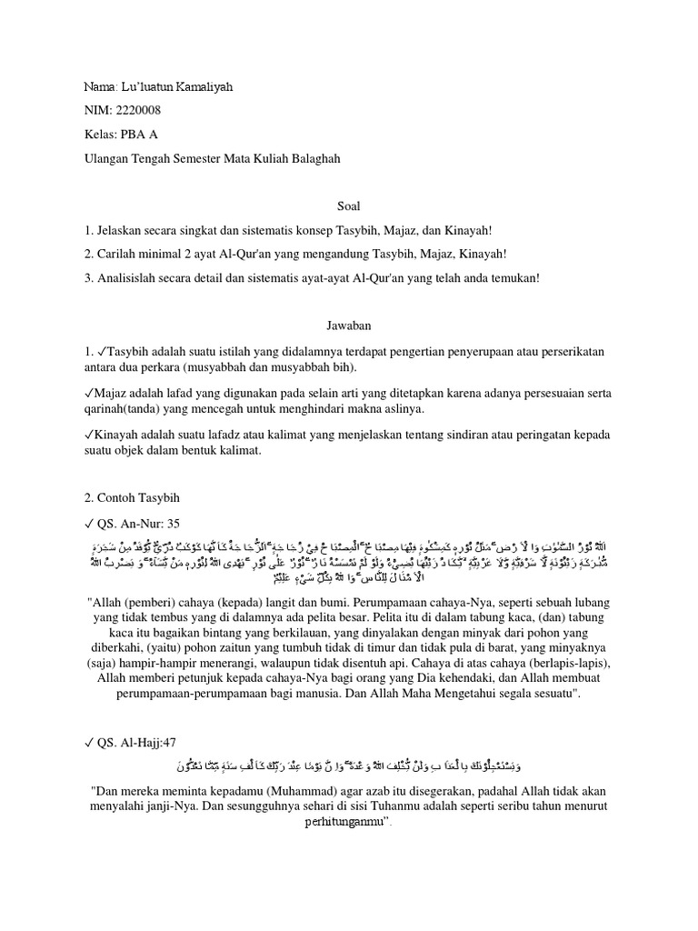 UTS Balaghah Lu'Luatun Kamaliyah PBA A | PDF