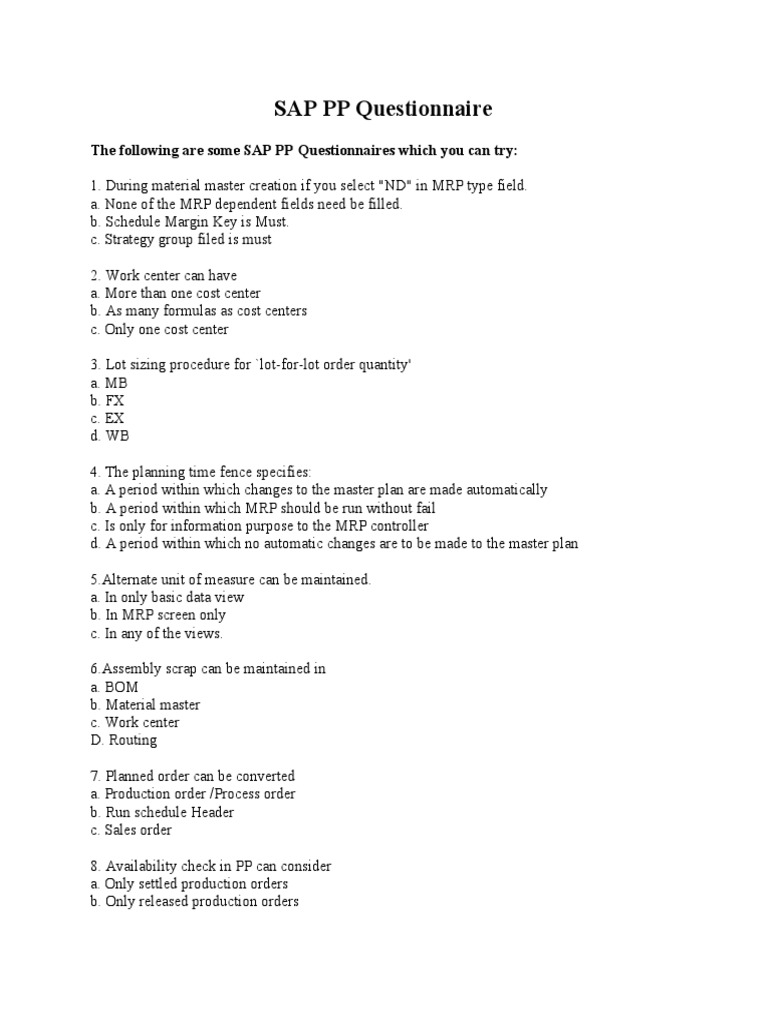 SAP PP Questionnaire: The Following Are Some SAP PP Questionnaires ...