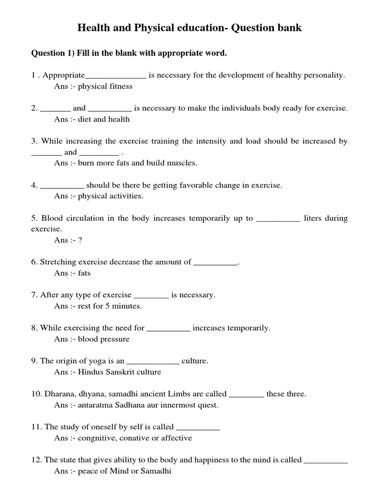 Health and Physical Education-Question Bank: Question 1) Fill in The ...