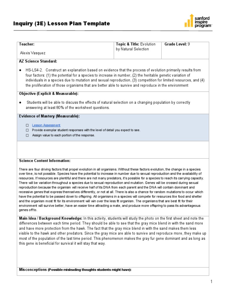 Vasquez Alexis 3e Inquiry-Based Lesson Plan | PDF | Evolution | Natural ...