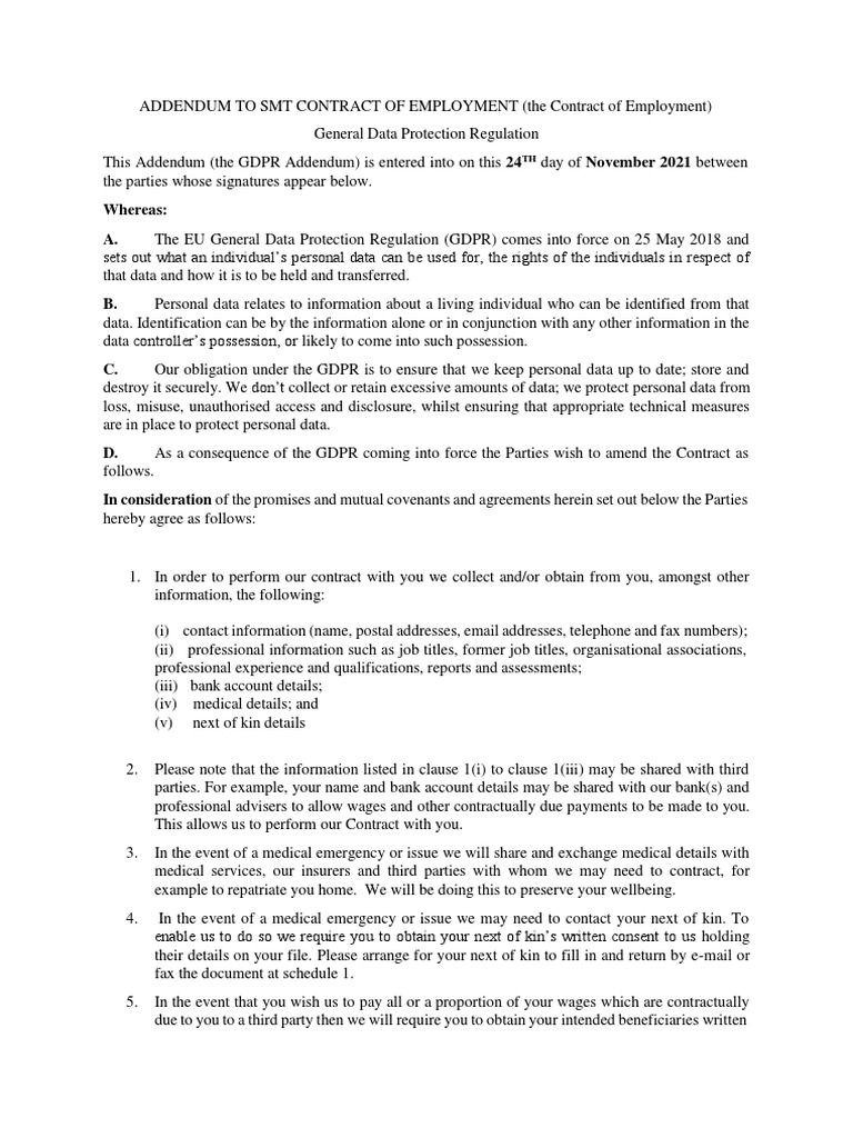 GDPR Addendum to Employment Contract | PDF | Information Privacy ...