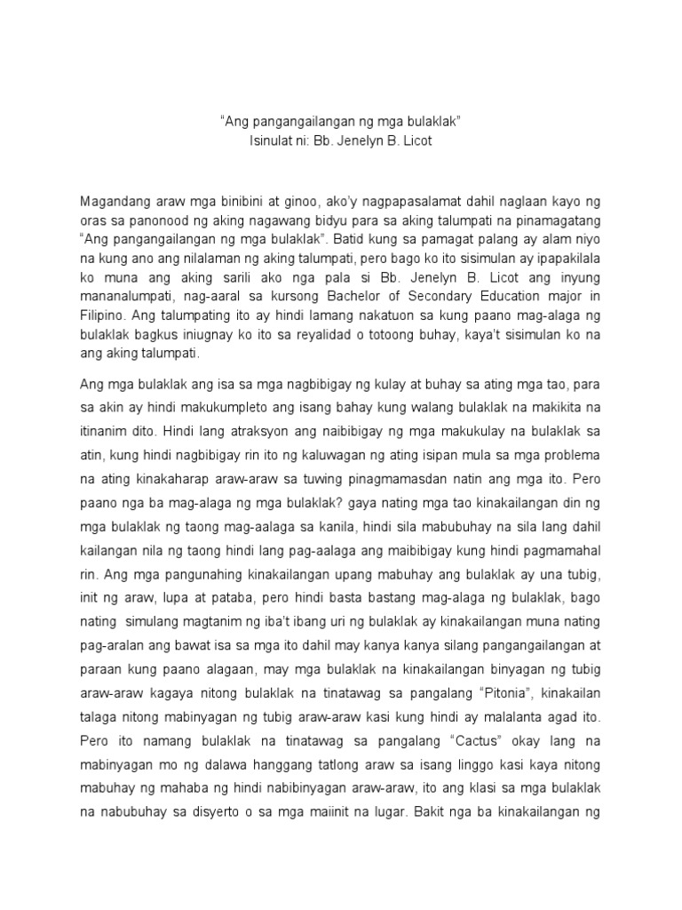 Ang Pangangailangan NG Mga Bulaklak (TALUMPATI) | PDF