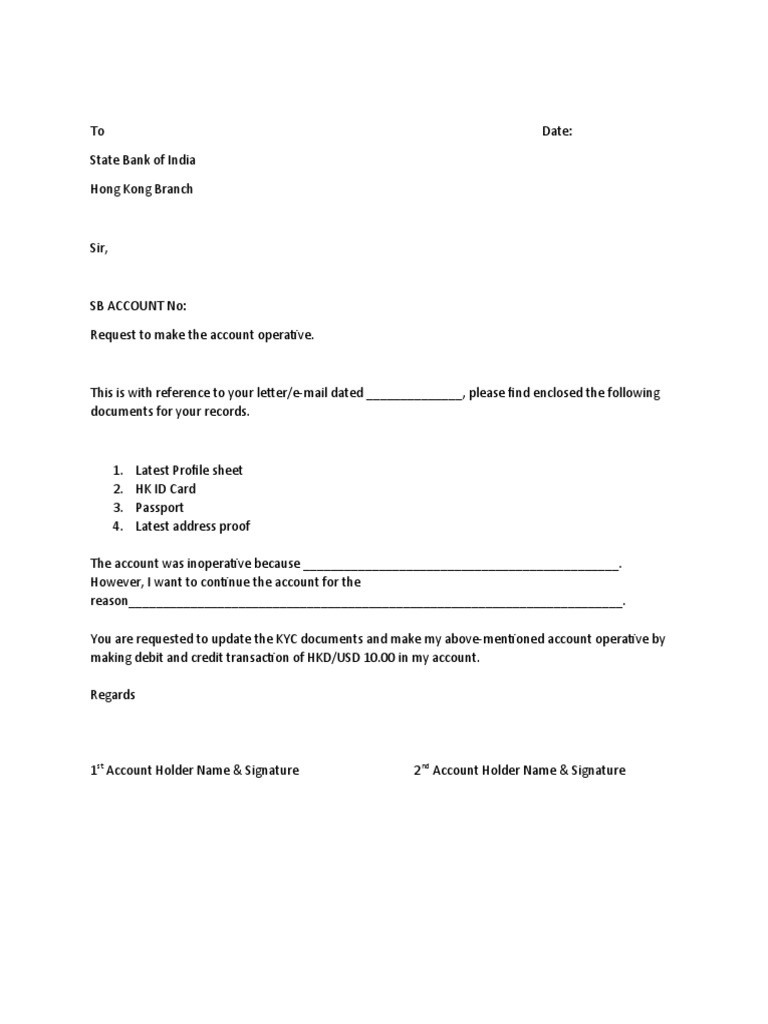 Request Letter For Inoperative Accounts | PDF