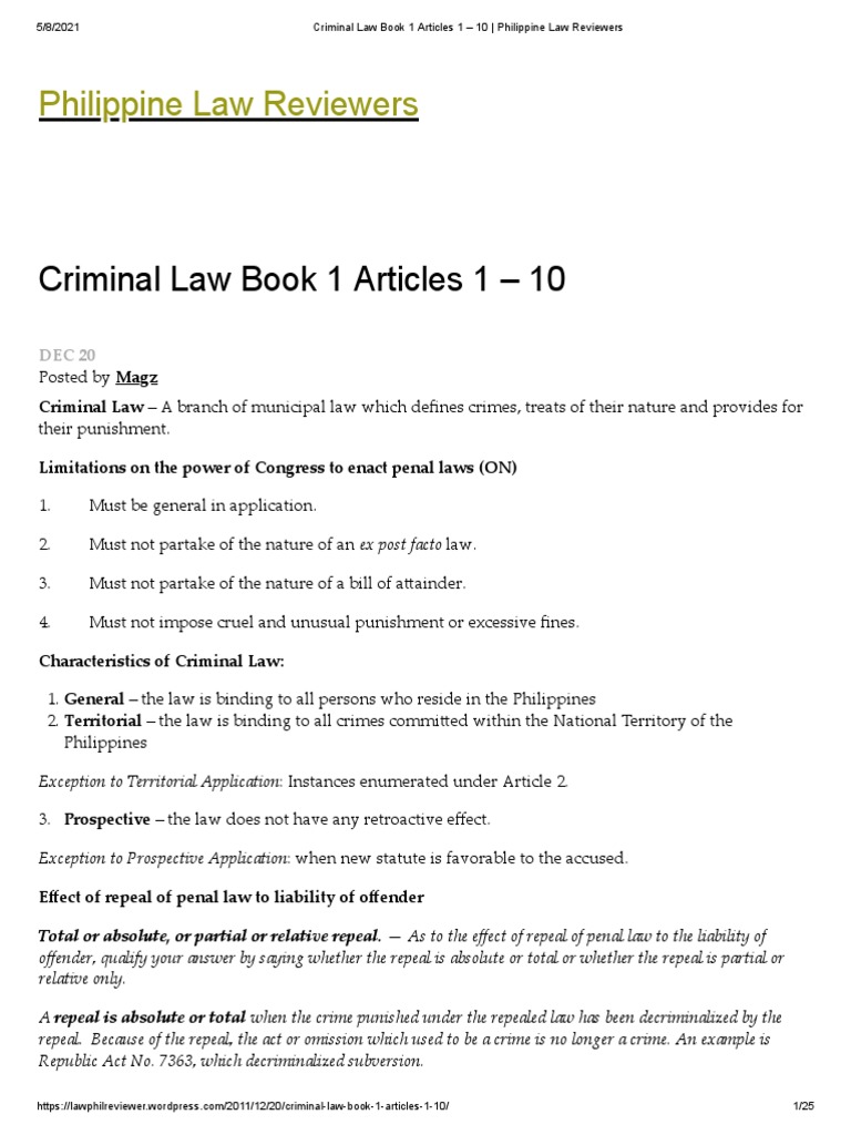Philippine Law Reviewers: Criminal Law Book 1 Articles 1 - 10 | PDF ...