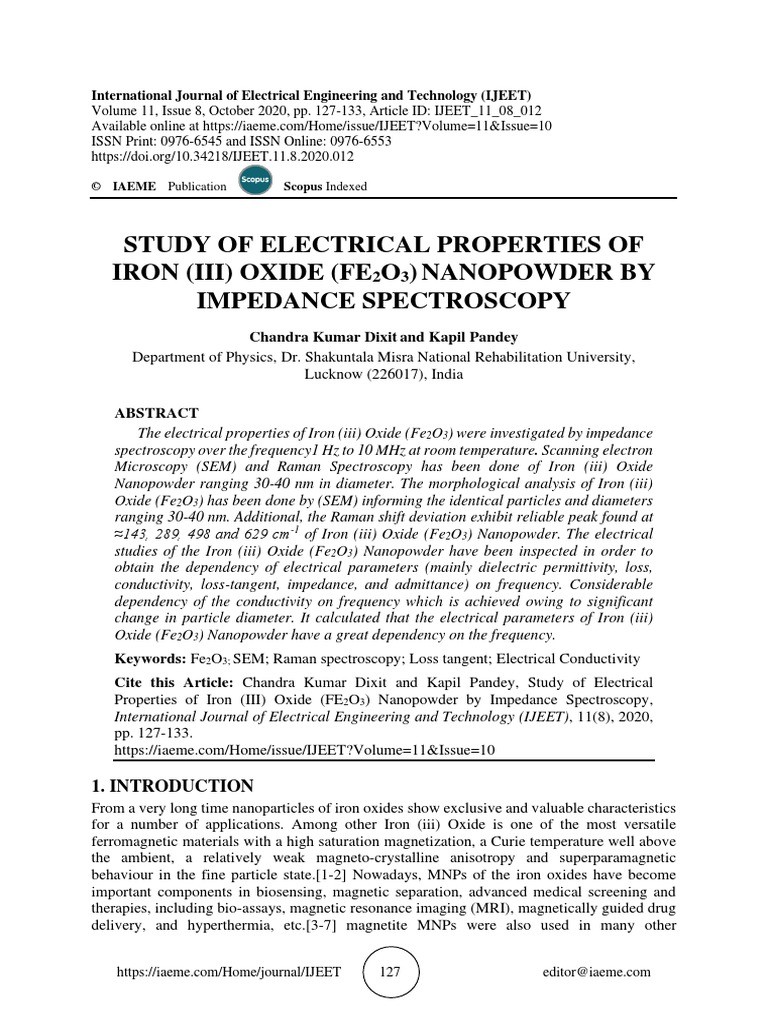 Study of Electrical Properties of Iron (Iii) Oxide (Fe2o3) Nanopowder ...