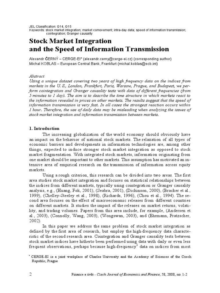 2 Stock Market Integration and The Speed of Information Transmission ...