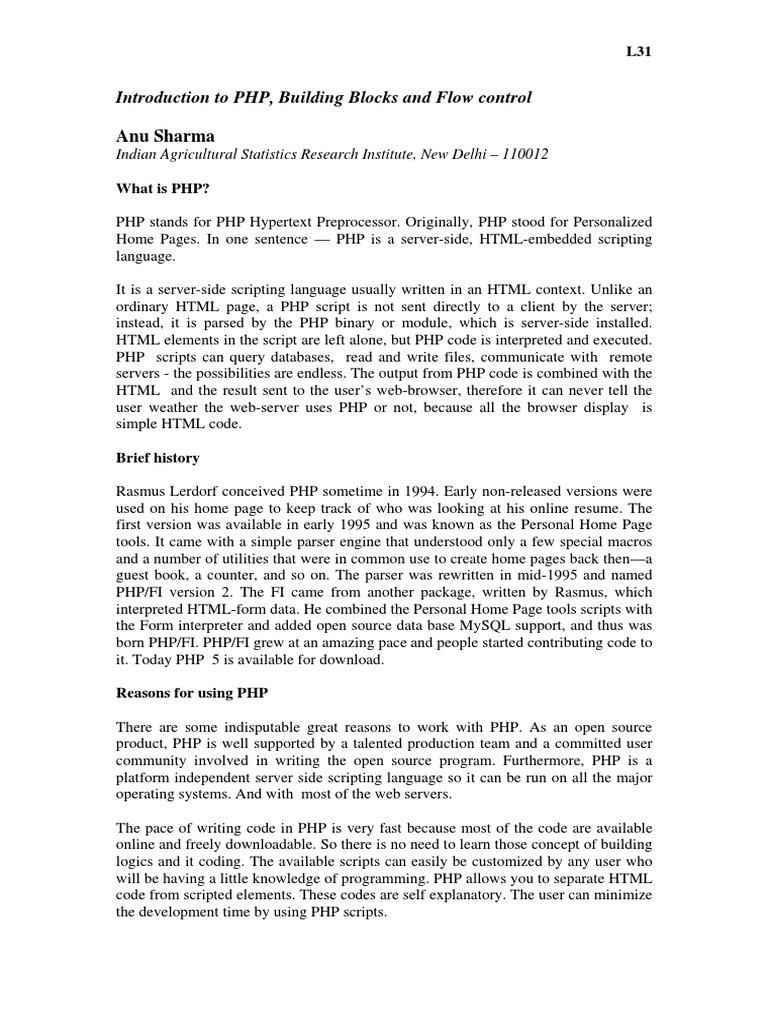 Anu Sharma: Introduction To PHP, Building Blocks and Flow Control | PDF ...