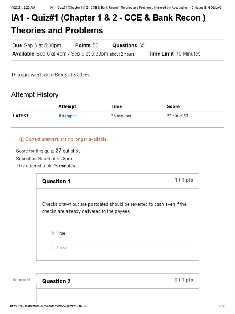 IA1 - Quiz#1 (Chapter 1 & 2 - CCE & Bank Recon) Theories and Problems ...