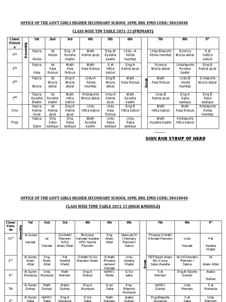 Class Wise Timetable for Government Girls Higher Secondary School: A ...