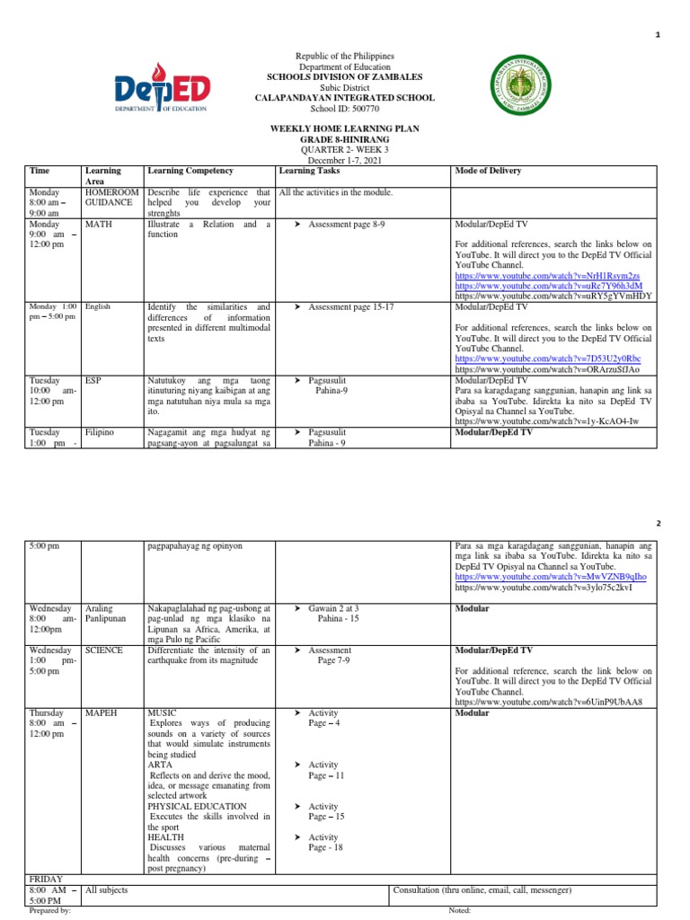 Schools Division of Zambales Calapandayan Integrated School: Monday 1: ...