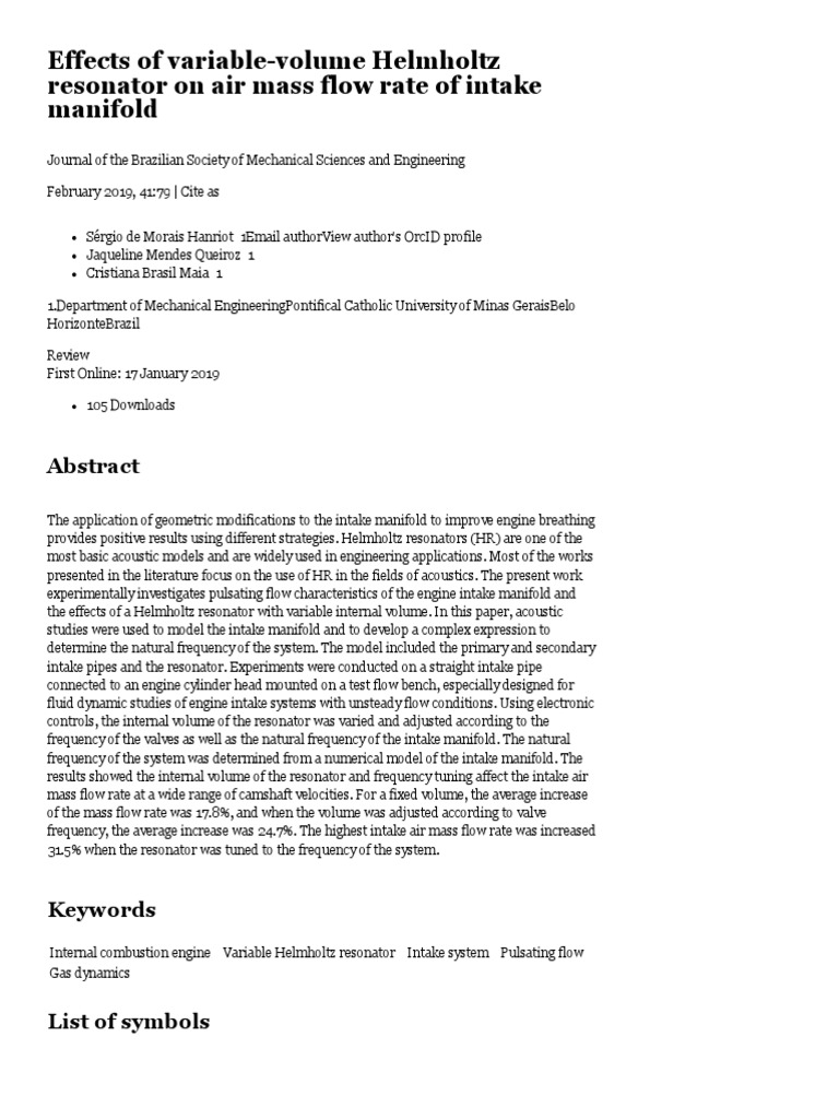 Effects of Variable-Volume Helmholtz Resonator On Air Mass Flow Rate of ...