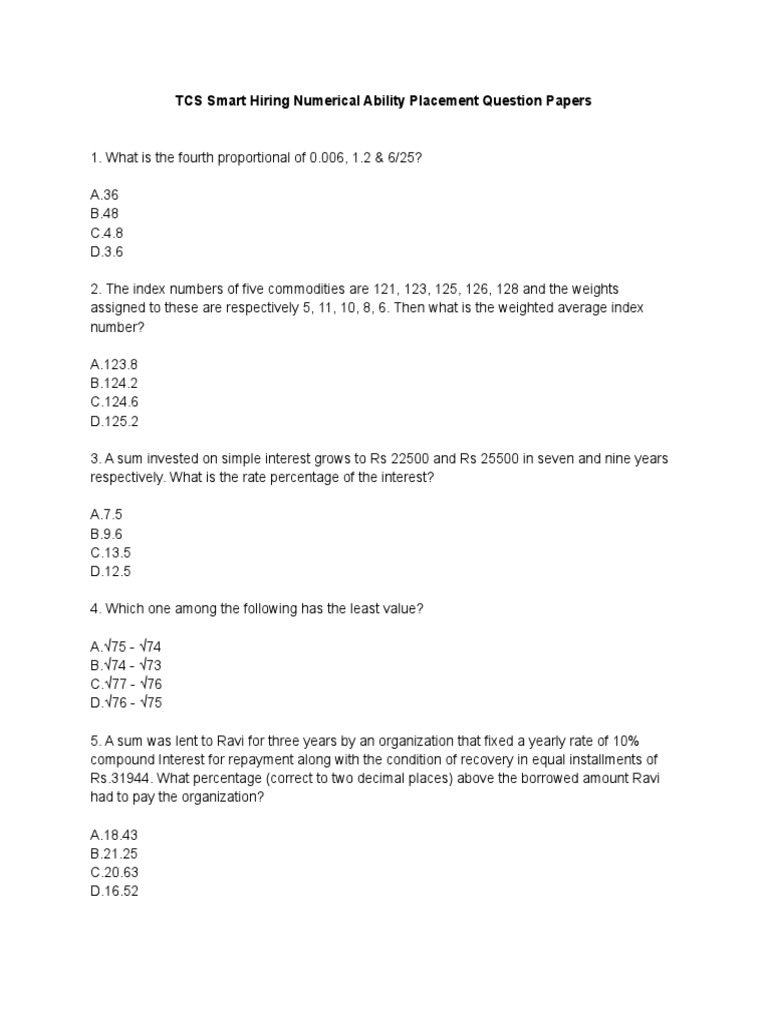 TCS Smart Hiring Numerical Ability Placement Question Papers | PDF ...