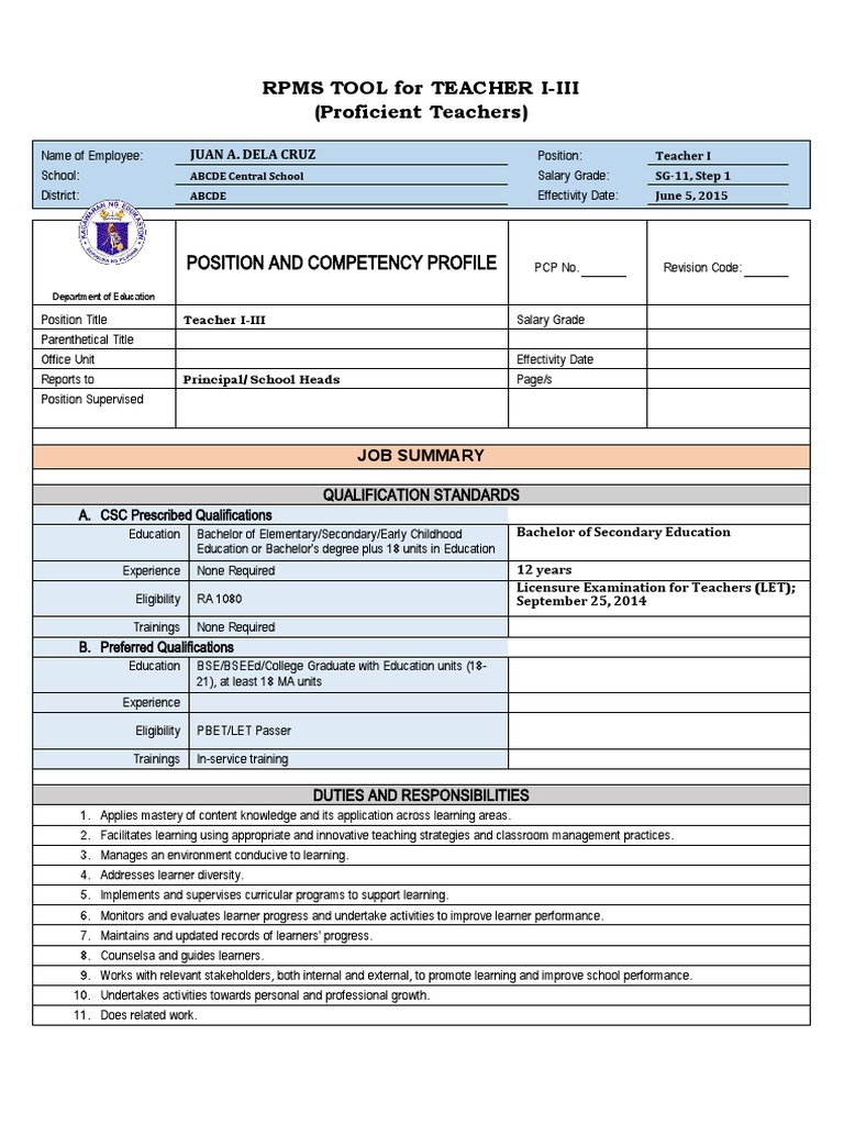 Position and Competency Profile: Rpms Tool For Teacher I-Iii ...