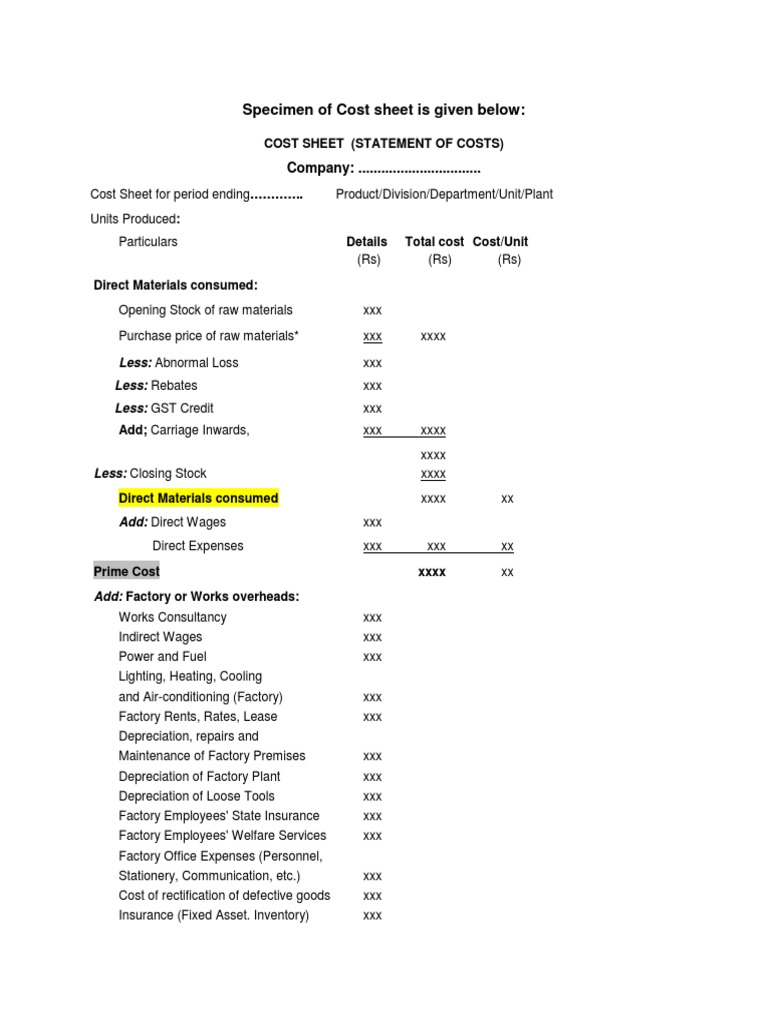 Specimen of Cost Sheet | PDF | Expense | Depreciation