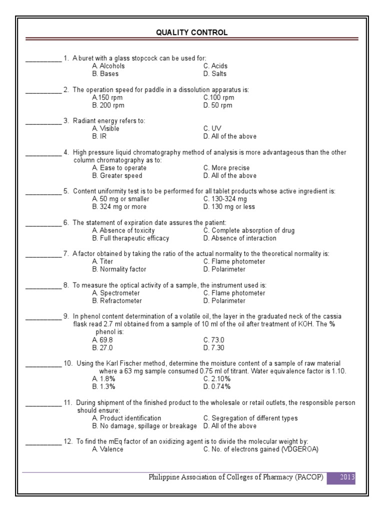 QC Blue Pacop Questions | PDF | Chemistry | Titration