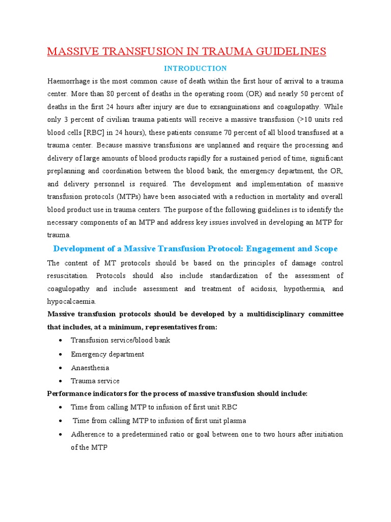 Massive Transfusion in Trauma Guidelines | PDF