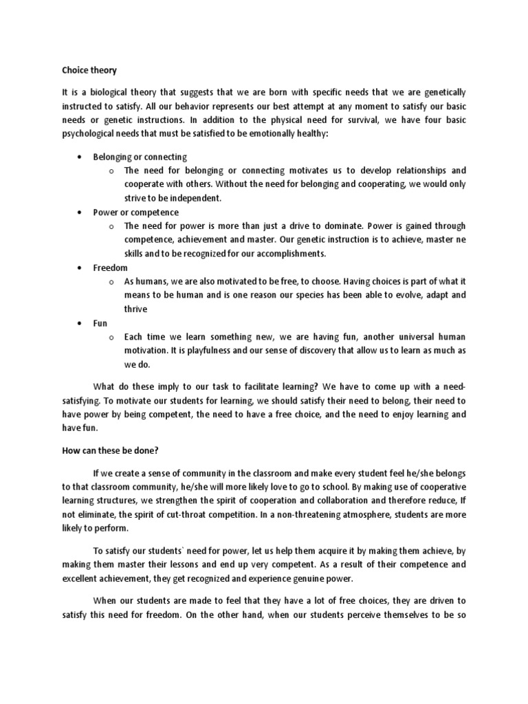 Choice Theory | PDF | Motivational | Motivation