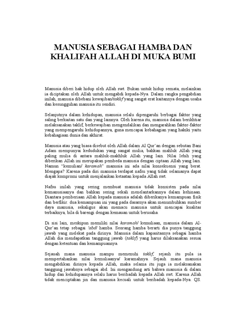 Manusia Sebagai Hamba Dan Khalifah Allah Di Muka Bumi | PDF Manusia Sebagai Hamba Dan Khalifah Allah Di Muka Bumi | PDF