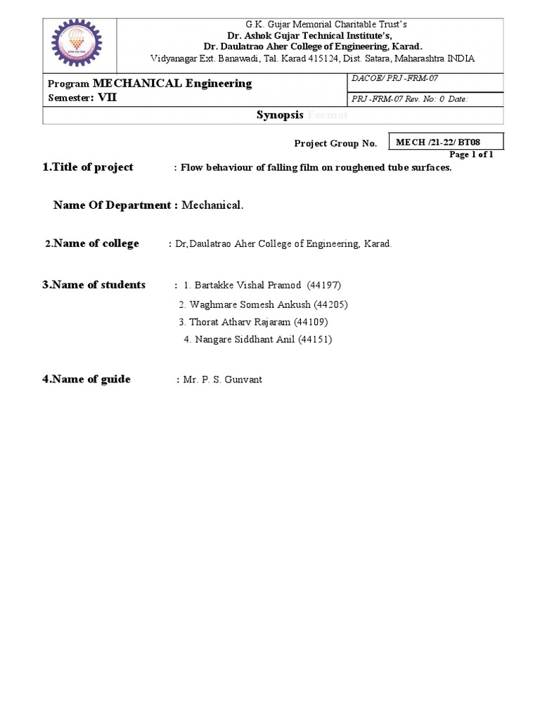 MECHANICAL Engineering: Vii Synopsis: Format | PDF | Mechanical ...
