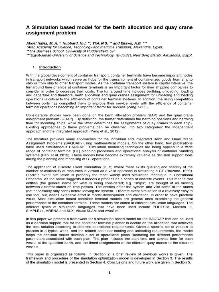 A Simulation Based Model For The Berth Allocation and Quay Crane Assignment Problem | PDF ...