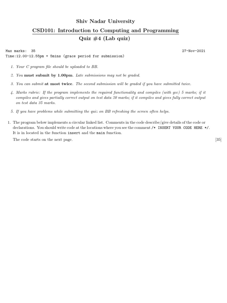 Shiv Nadar University CSD101: Introduction To Computing and Programming Quiz #4 (Lab Quiz) | PDF ...