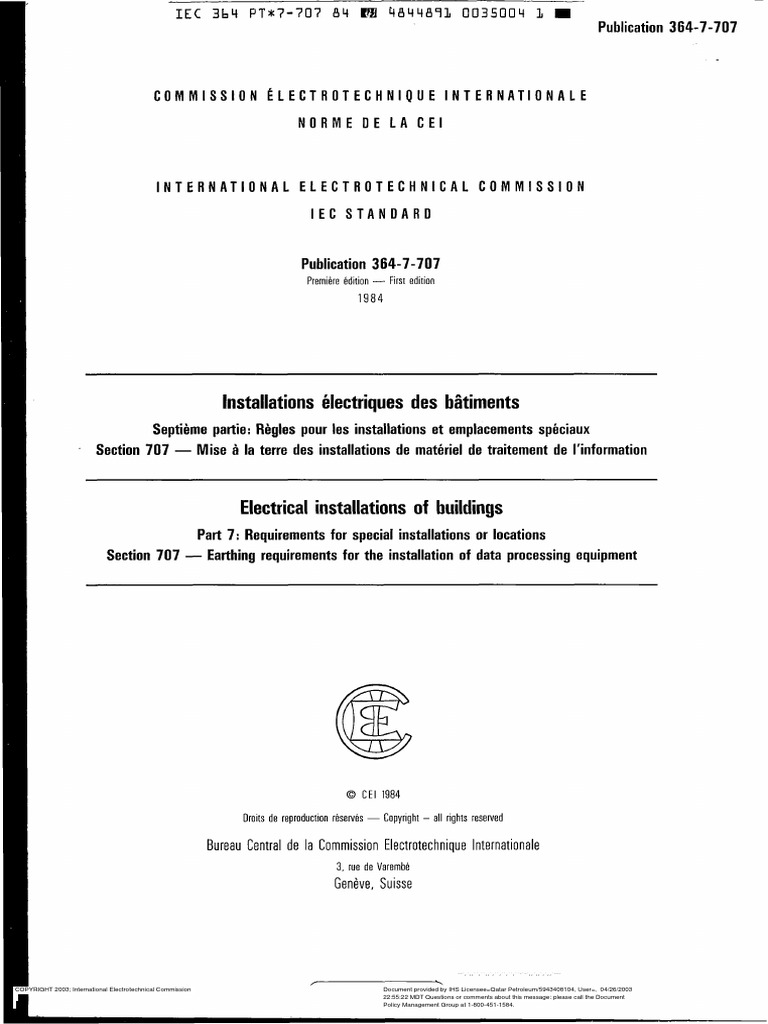 IEC 60364-7-707 Electrical Installations of Buildings - Requirements For Special Installations ...