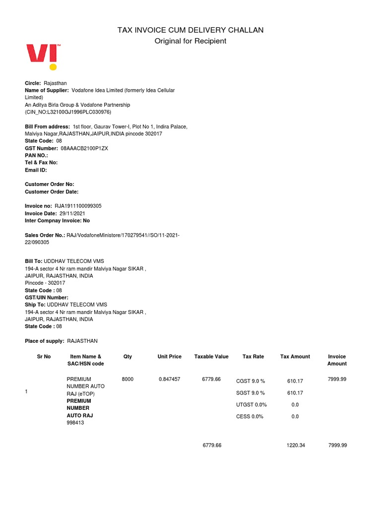 Tax Invoice Cum Delivery Challan Original For Recipient | PDF | Taxes ...