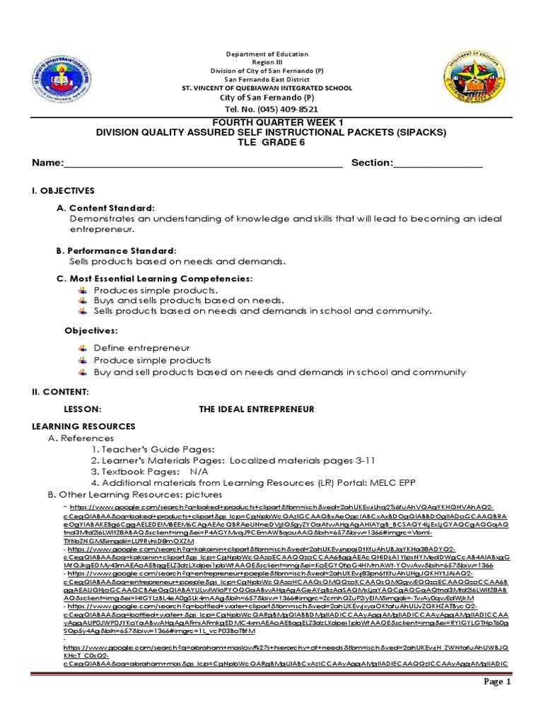 6 Tle Q4 - Week 1 | PDF | Entrepreneurship | Sales