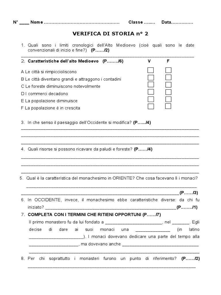Verifica Storia Alto Medioevo | PDF