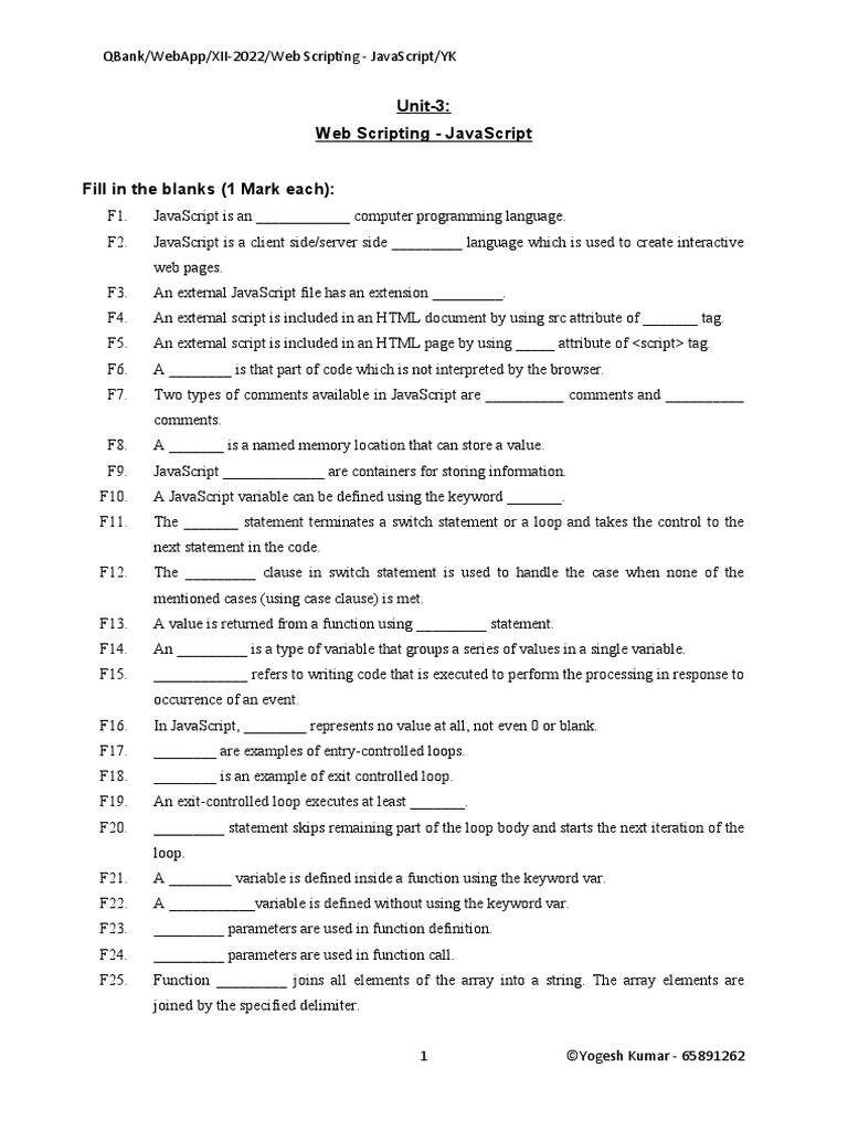 Fill in TH Blanks - WebApp-XII-2022-Web Scripting - JavaScript-YK | PDF ...