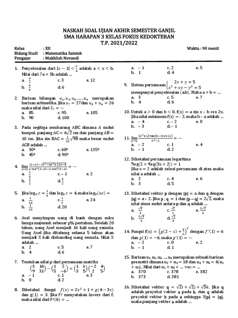 Soal Uas Ganjil Kelas 12 - Tp2021.2022 | PDF