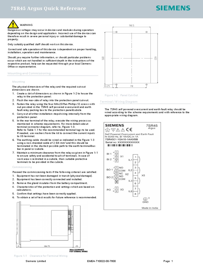 7SR45 Argus Quick Reference: Warning | PDF | Relay | Electrical Wiring