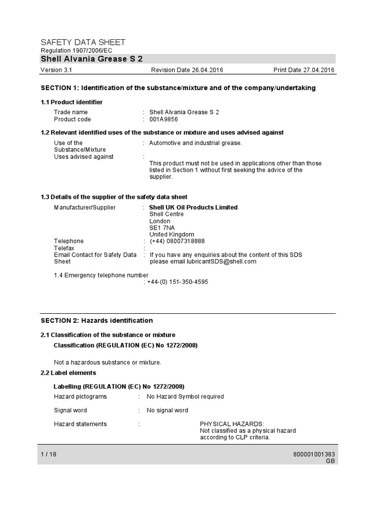 Shell Alvania Grease S 2: Safety Data Sheet | PDF | Dangerous Goods ...
