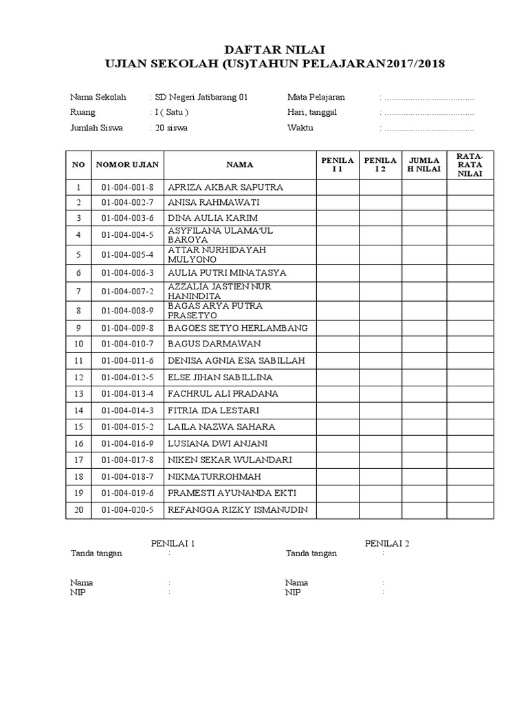 Daftar Nilai Us 2017-2018 | PDF