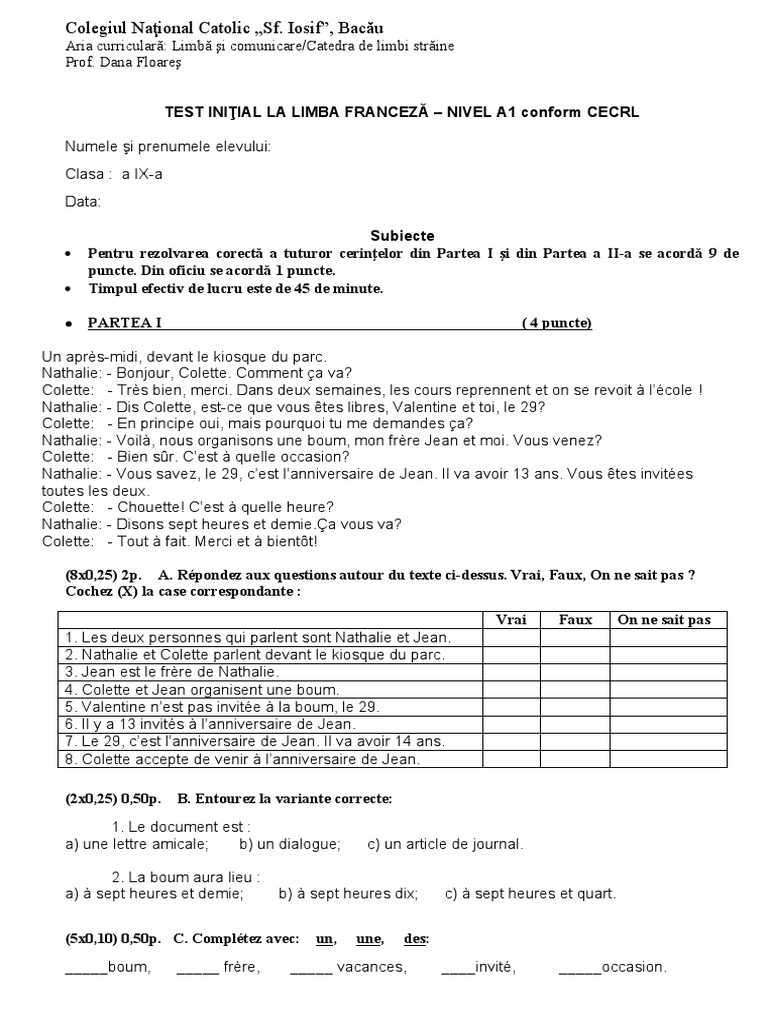 Test de français A1 pour élèves de 9e | PDF | Échecs | Théorie (échecs)