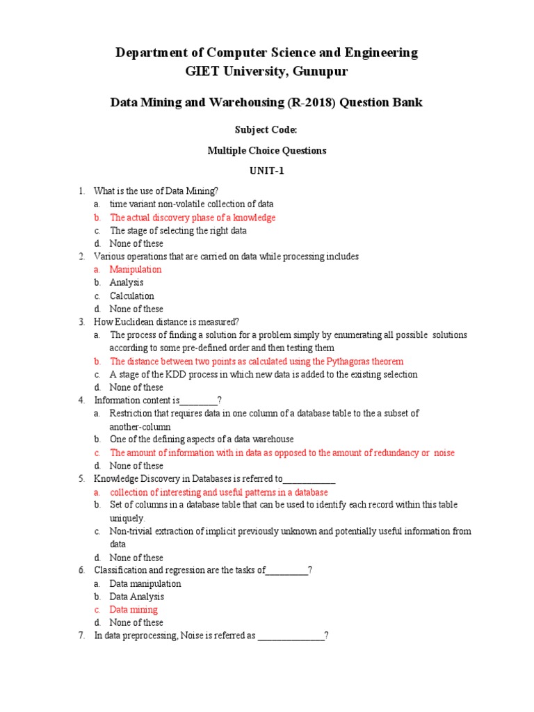 Question Bank For DMDW | PDF | Data Warehouse | Cluster Analysis