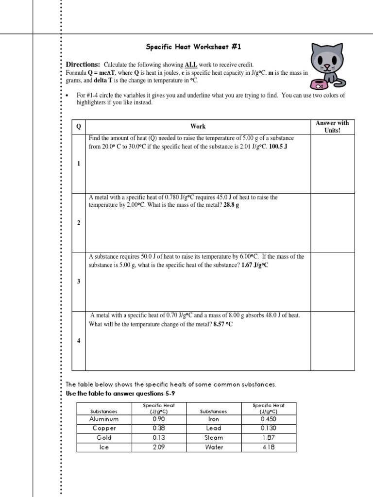 Directions:: Specific Heat Worksheet #1 | PDF | Heat | Temperature