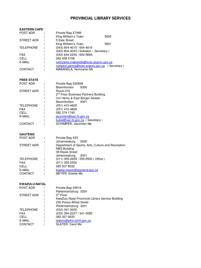 South Africa Library Addresses List | PDF