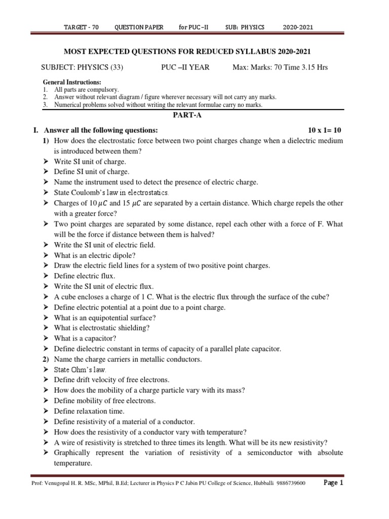 Most Expected Questions for Reduced Syllabus 2020-2021 Physics (PUC-II) | PDF | Inductance ...