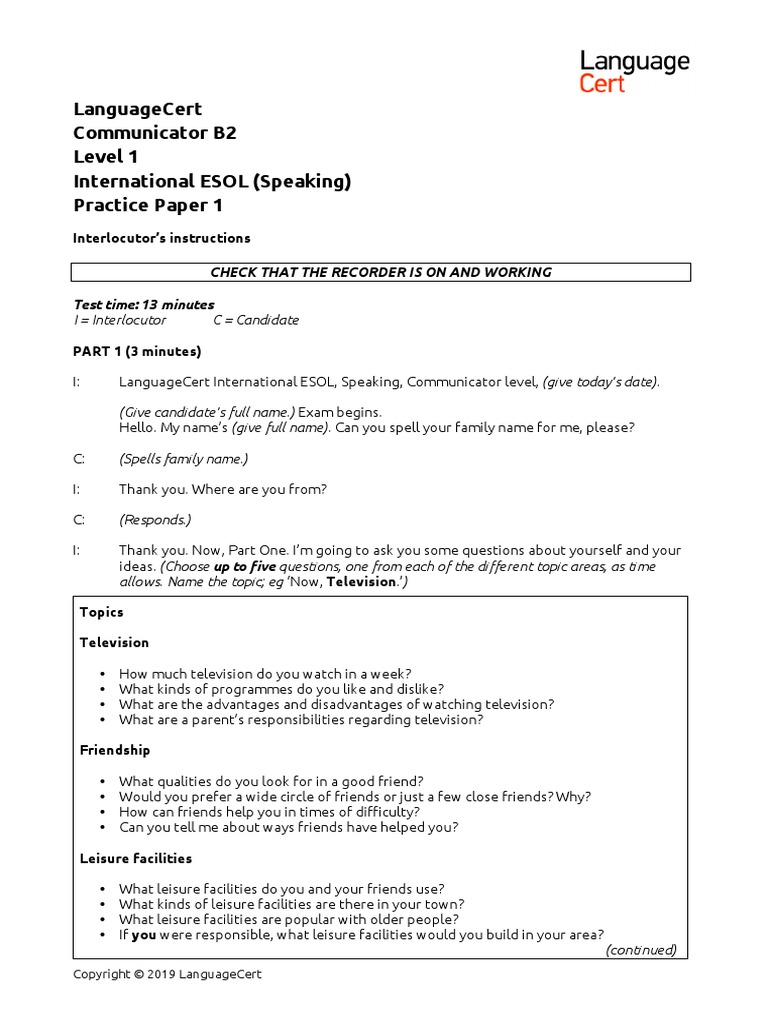 Languagecert Communicator B2 Level 1 International Esol (Speaking ...