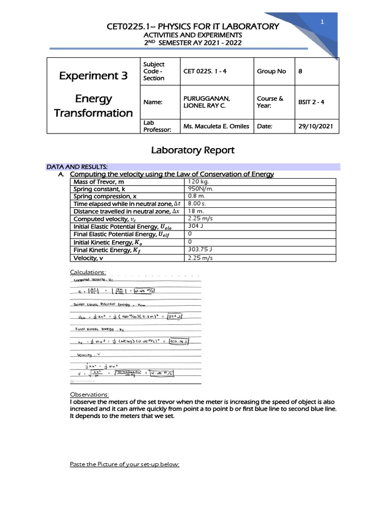 Experiment 3 Energy Transformation: Laboratory Report | PDF | Velocity ...