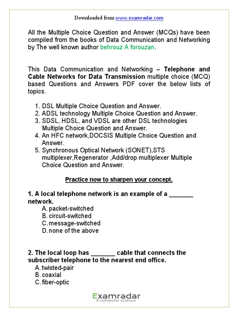 CH 9 Telephone and Cable Networks For Data Transmission Multiple Choice Questions and Answers ...